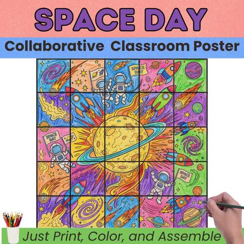 Space Theme Collaborative Poster | Astronaut & Planets Coloring Activity