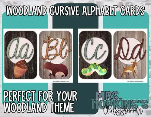 Cursive Alphabet Cards in Woodland Theme Classroom Decor | TPT
