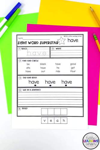 Sight Word Superstars FRY First 100 Kindergarten Practice Worksheets