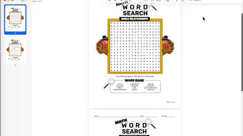 7th/8th Grade Math Thanksgiving Worksheet Angle Relationships Word Search