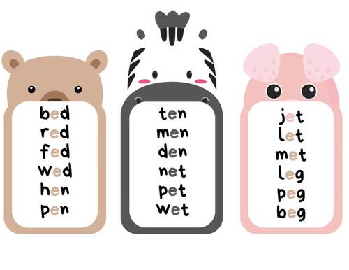 CVC Words Phonics Flashcards | Animal Theme Kindergarten Center | 90 Words