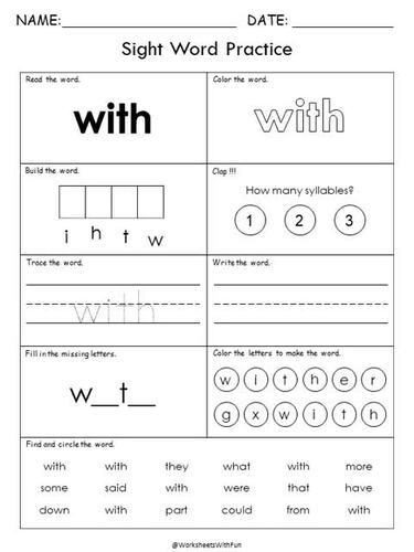Sight Word Practice Activity Worksheets for High Frequency Words, T-343