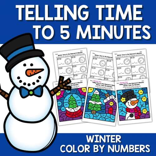 Telling Time to 5 Minutes Winter Theme Color by Number Code Bundle No ...