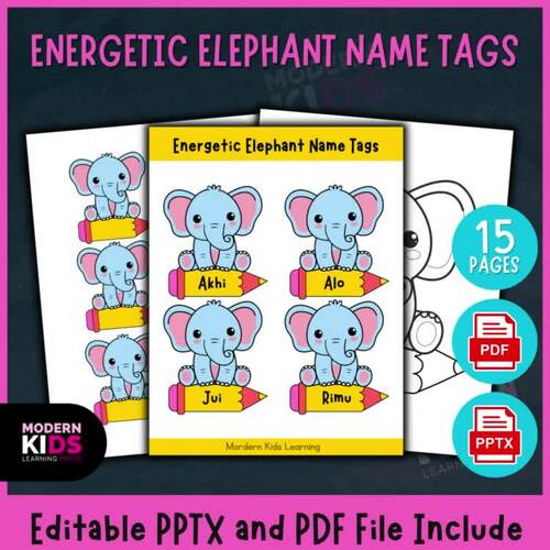 Energetic Elephant Name Tags - Editable PPTX and PDF | TPT