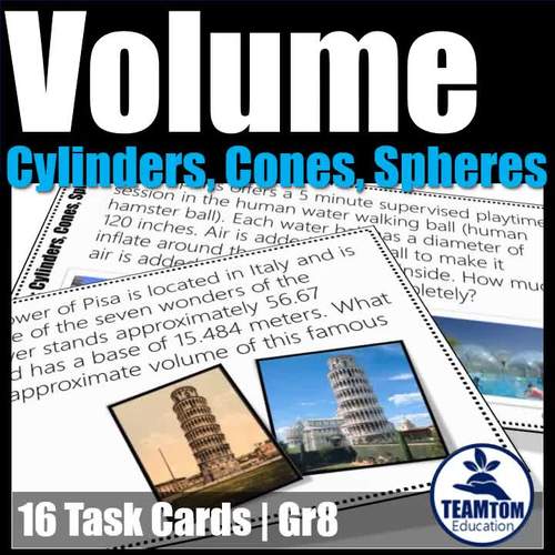 Volume: Cylinders, Cones, Spheres Task Cards by Team Tom | TPT