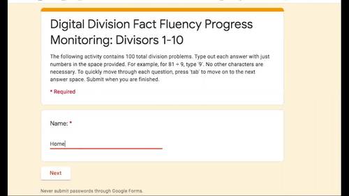 Digital Division Fact Fluency 1-10 Progress Monitoring - Google Classroom™
