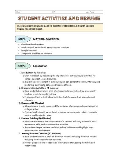 Resume Creation Lesson Plan + Resume Activity + PDF File + Worksheet