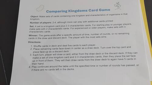 Taxonomy & Comparing Kingdoms Card Game 9th 10th High School Biology