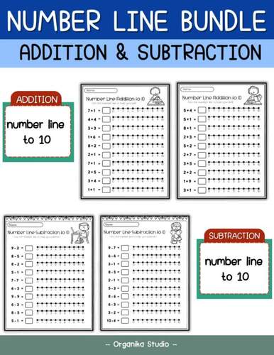 Number line addition and subtraction to 10,20,100 bundle worksheet