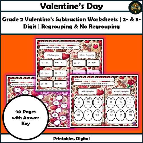 Grade 2 Valentine’s Subtraction Worksheets | 2 & 3Digit | Regroup & No ...