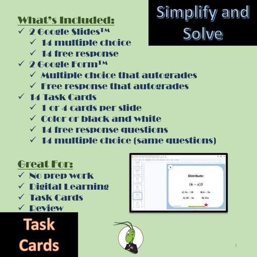 Simplify Expressions and Solving Equations #1 Algebra 1 Task Cards Google