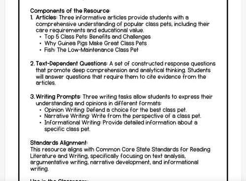 Class Pet Writing Performance Task | Reading and Writing Test Prep ELA