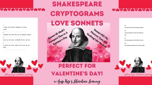 Shakespeare Love Sonnets & Quotes Cryptogram Puzzles Middle & High School