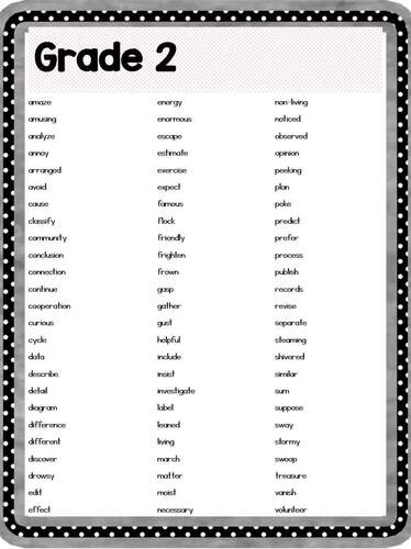 Grades 2 to 8 Vocabulary Word Lists for English Language Arts | TPT