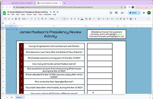 President James Madison Interactive Google Sheets Digital Game Activity