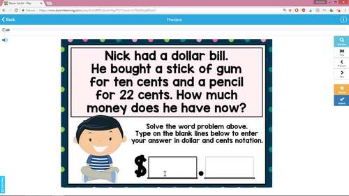 Money Word Problems Boom Cards (Amounts up to $5) by Second Grade Smiles