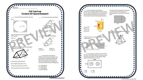 Circles & 3D Figures EOG Review Homework | Grade 7 Math | Test Prep