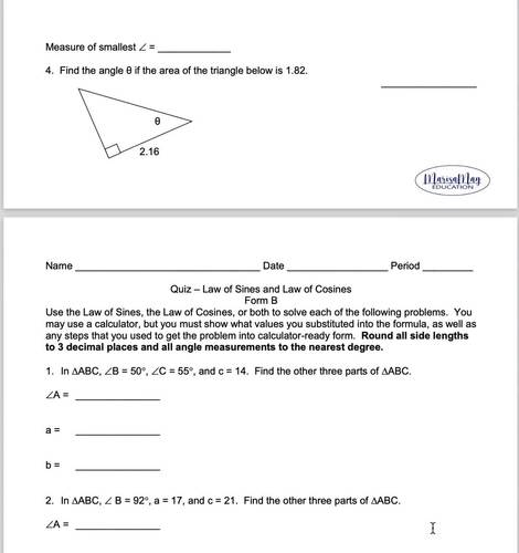 Precalculus Quizzes & Answer Keys - Law of Sines & Cosines | TpT