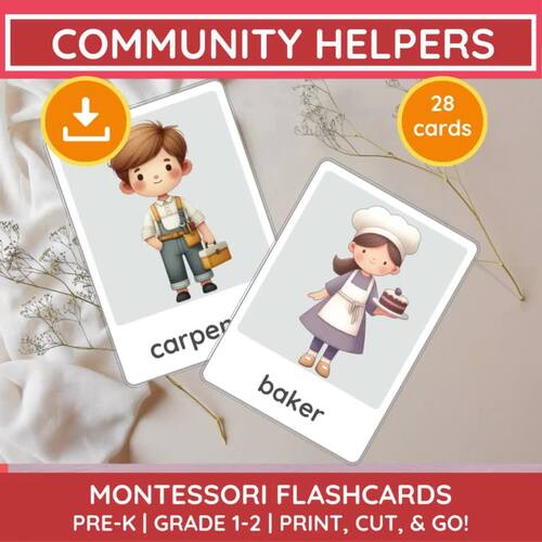 Community Helpers Activities, Montessori Flashcards PreK to Grade 1-3