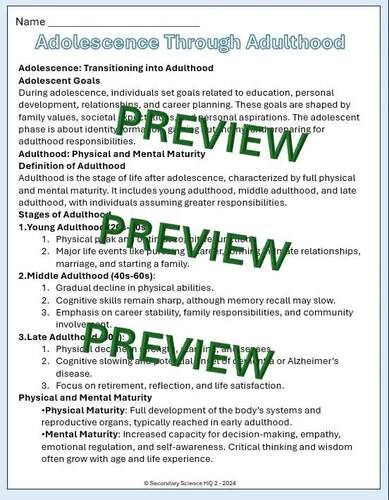 Adolescence Through Adulthood Health Review and PDF Study Guide | FACS