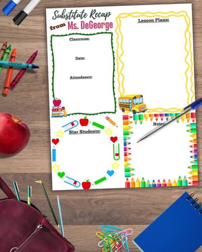 Seasonal Substitute Teacher Recap Forms by Planning With Valerie