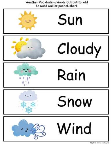 Preschool Weather Activities Vocabulary Cards Weekly Tracker Drawing