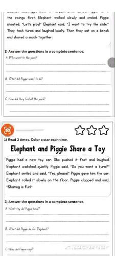 Elephant and Piggie Reading Passages with Comprehension Questions | 1st ...
