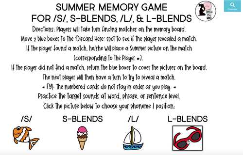 Summer Articulation Boom™ Cards for S L S-Blends L-Blends Matching Game
