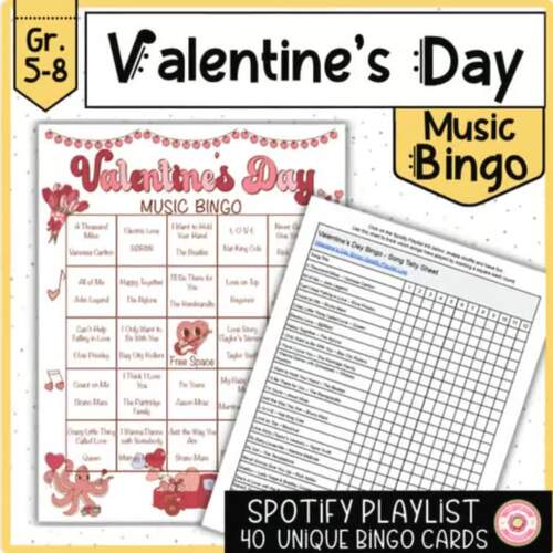 Valentine's Day Music Bingo Game for Middle School, Fun Friday Spotify List