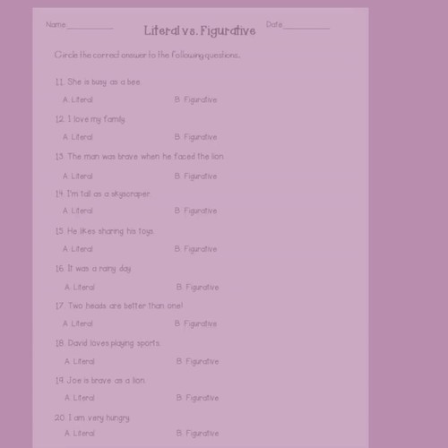 Literal vs. Figurative Language Assessment by Bilingual Teaching Made Easy Literal vs. Figurative Language Assessment by Bilingual Teaching Made Easy