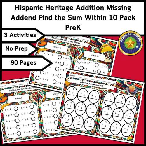 Hispanic Heritage Month Addition Missing Addend Find the Sum Within 10 ...