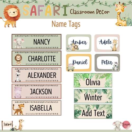 Safari Jungle Theme Editable Name Tags for Student Desks | Desk Plates ...