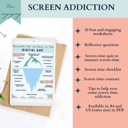 Screen addiction worksheets, teen mental health, anxiety, social psychology