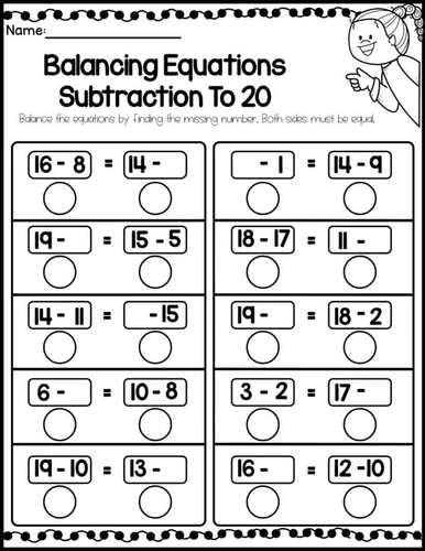 Balancing Equations Subtraction to 20 | Subtraction Balanced Equations