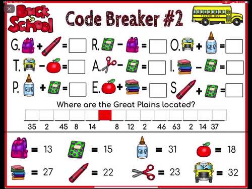 First Day of School Math Activities 5th Grade | Back to School Code Breaker