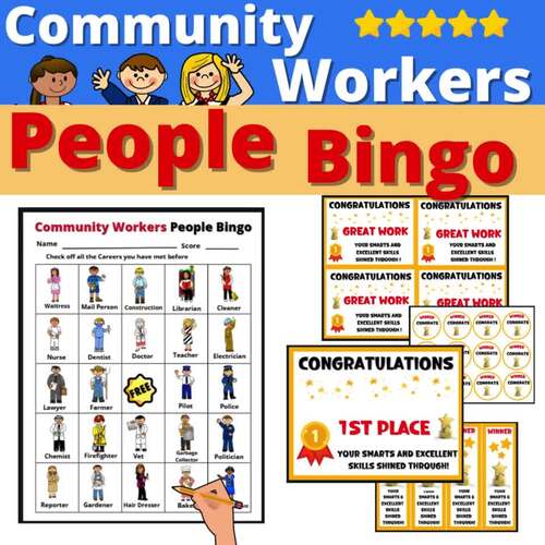 Community Workers People Bingo Puzzle Activity Careers with Bonus Awards