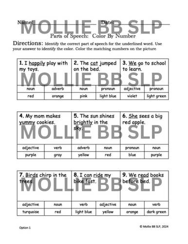 Color By Number Parts of Speech Worksheets 4th-12th grade Special ...