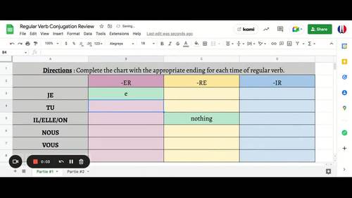 French Regular Verb Conjugation Review Google Sheet for Immediate Feedback