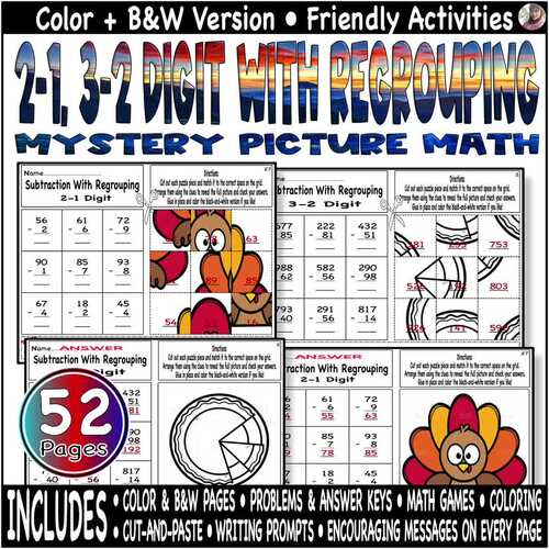 Subtraction 2-1 Digit & 3-2 Digit With regrouping | Mystery Picture ...