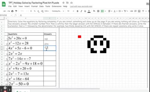 Algebra 2 Solve Equations by Factoring Digital Pixel Art Mystery Puzzle
