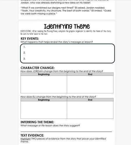 Inferring Theme in Fiction | 6th Gr. Short Story & Writing Response + Organizer