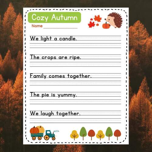 Sentence writing practice worksheets Cozy Autumn, Fall Printable worksheets