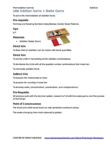 Montessori Math 1 Manual Snake Game Add Multiply Lesson Plans Bundle Unit 7