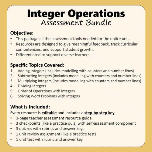 Integer Operations Assessment Bundle | Quizzes, Test, Checkpoints ...