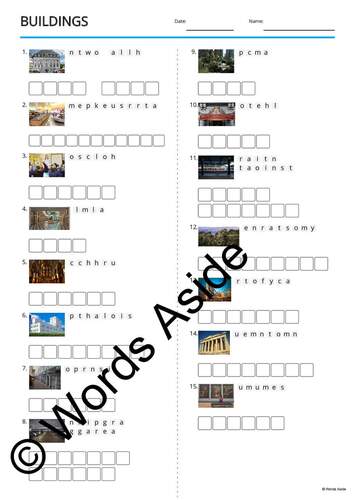 Vocabulary Worksheets Flashcards Crossword Word Search Anagram BUILDINGS