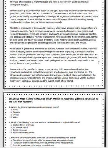 Grasslands Biome Reading Passage Worksheet | Comprehension & Writing ...