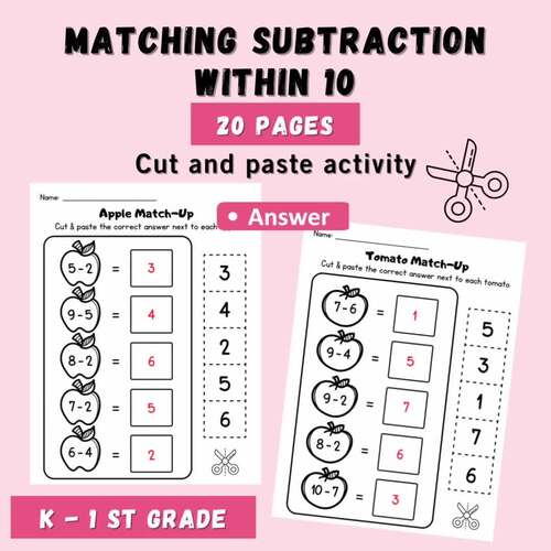 Matching Subtraction within 10 Worksheets – Cut and Paste Math Activities