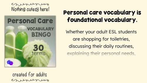 Adult ESL Bingo Game: Personal Care & Hygiene Vocabulary by Rike Neville
