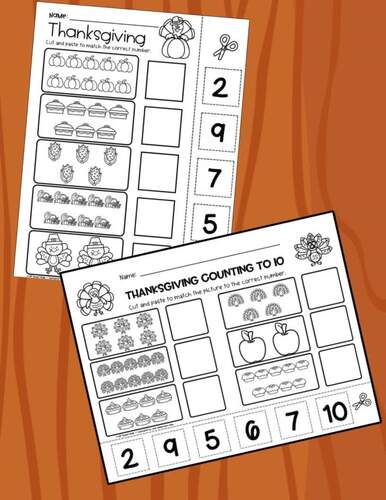 Thanksgiving Count Cut and Paste Worksheets No Prep Autumn Matching ...