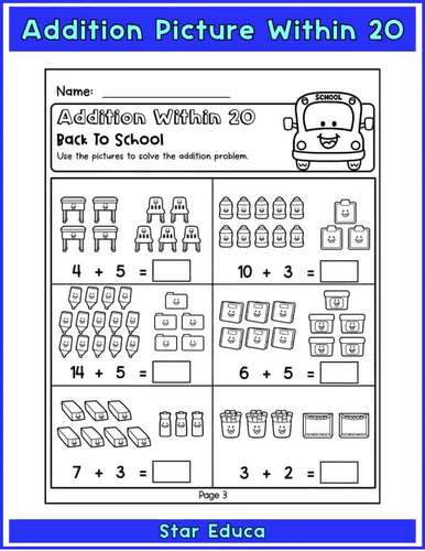 Back to School Addition and Subtraction Within 20 With Pictures ...
